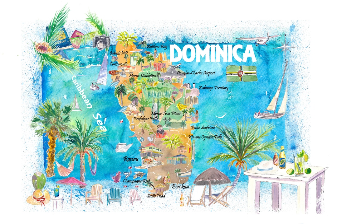 Dominica Antilles Illustrated Travel Map With Roads and Highlights - Etsy