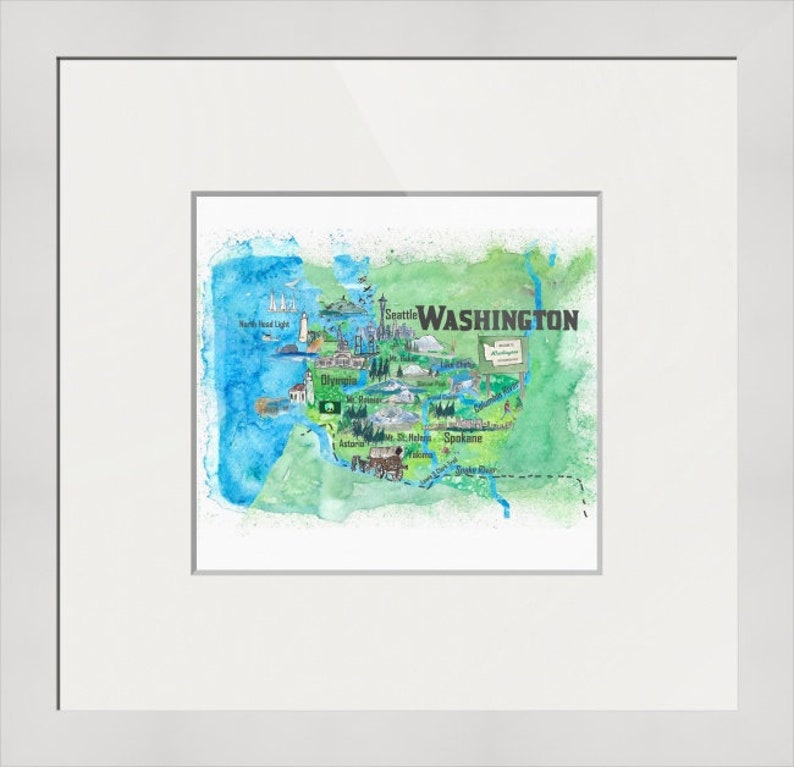 USA Washington State Travel Poster Illustrated Art Map Fine | Etsy