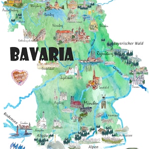 Bavaria Germany Illustrated Travel Poster Map - Fine Art Print Poster ...
