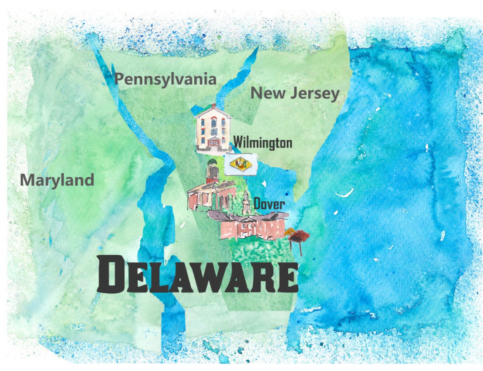 USA Delaware Illustrated State Travel Poster Map with | Etsy
