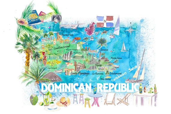 Dominican Republic Illustrated Travel Map With Roads and - Etsy