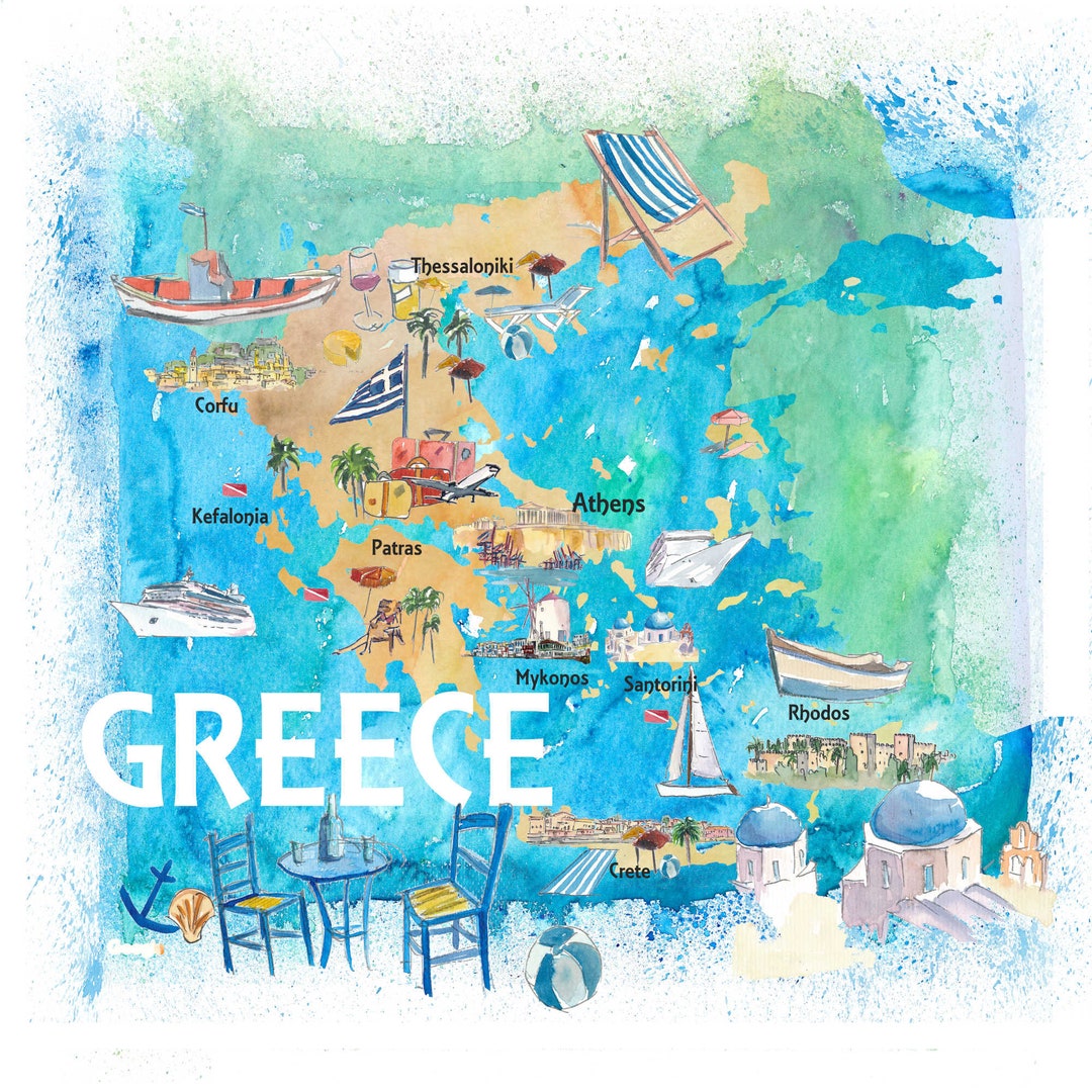 Greece Illustrated Travel Map With Landmarks and Highlights - Fine Art ...