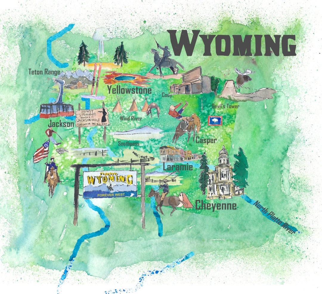 USA Wyoming State Travel Poster Illustrated Art Map - Fine Art Print - Etsy