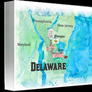 USA Delaware Illustrated State Travel Poster Map With Touristic ...