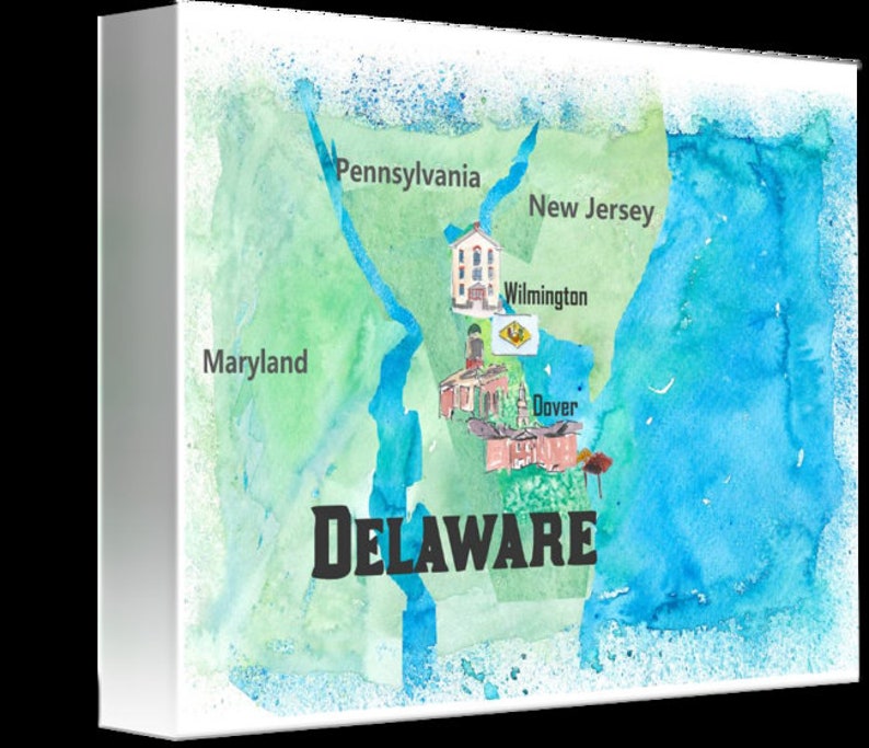 USA Delaware Illustrated State Travel Poster Map With Touristic ...