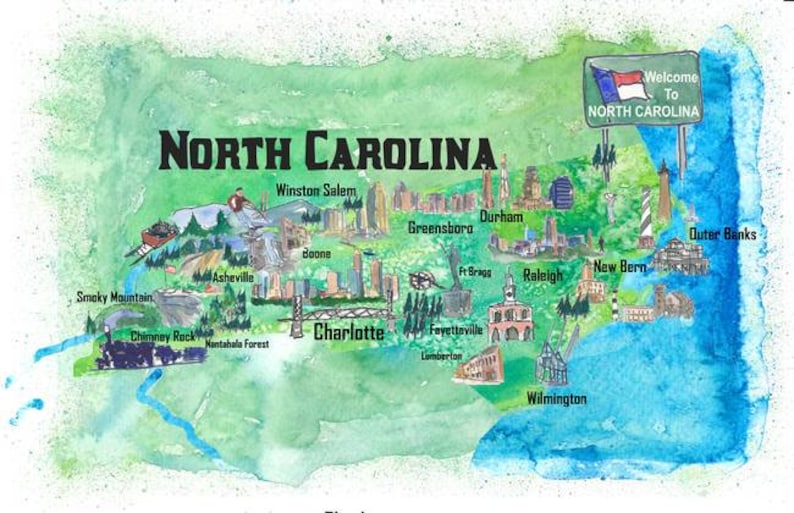 USA North Carolina State Travel Poster Map With Tourist Highlights - Etsy