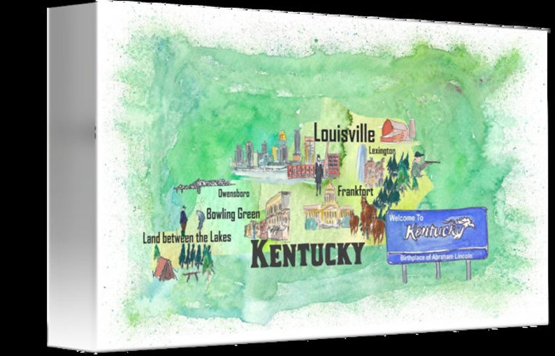 USA Kentucky State Illustrated Travel Poster Map With - Etsy