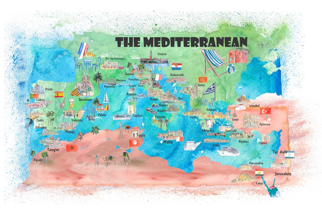Mediterranean Cruise Travel Poster Map With Spain Italy Greece Palma ...