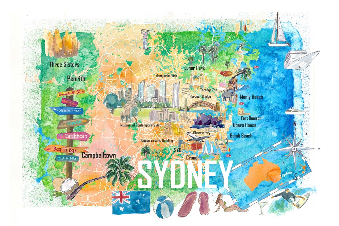 Sydney Australia Illustrated Map With Main Roads Landmarks and ...