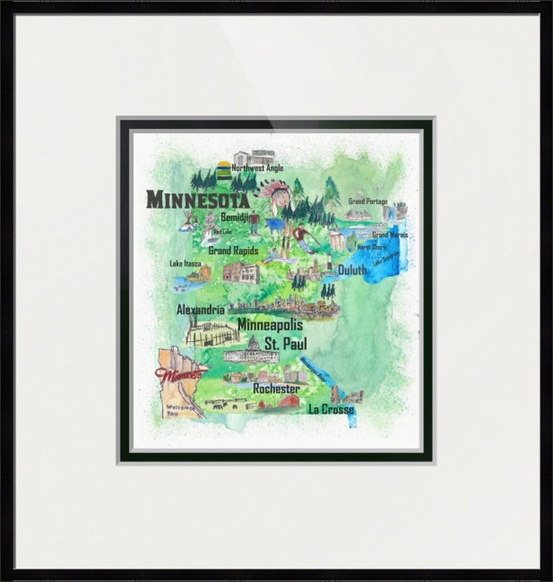 USA Minnesota State Illustrated Travel Poster Map with | Etsy