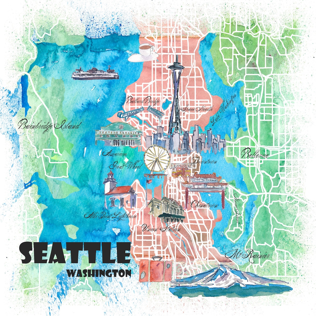 Seattle Washington Illustrated Map With Main Roads Landmarks and ...
