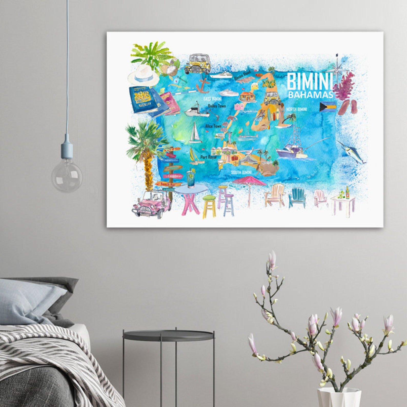 Bimini Bahamas Illustrated Map With Island Tourist Highlights - Fine ...
