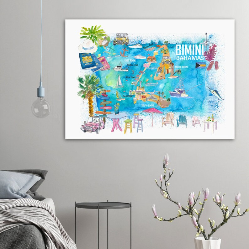 Bimini Bahamas Illustrated Map With Island Tourist Highlights - Fine ...