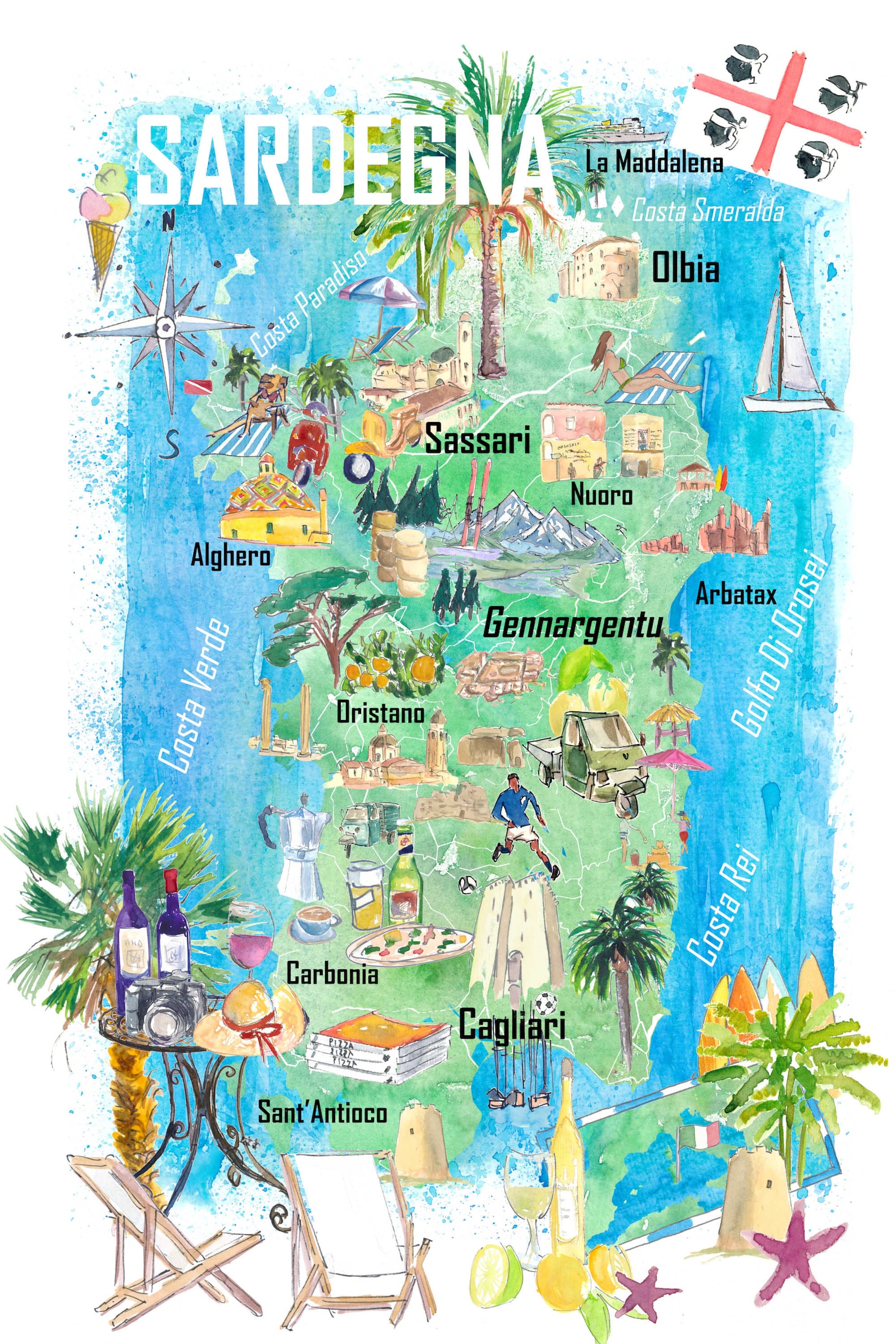Sardinia Illustrated Travel Map Mediterranean Adriatic Sicily Sardegna ...