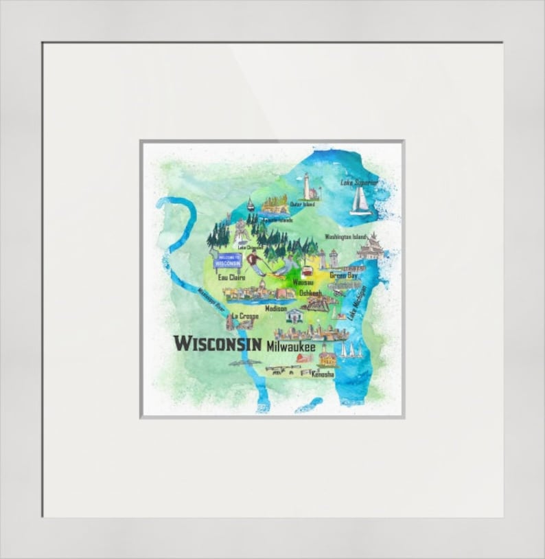 USA Wisconsin State Illustrated Travel Poster Map With Tourist ...