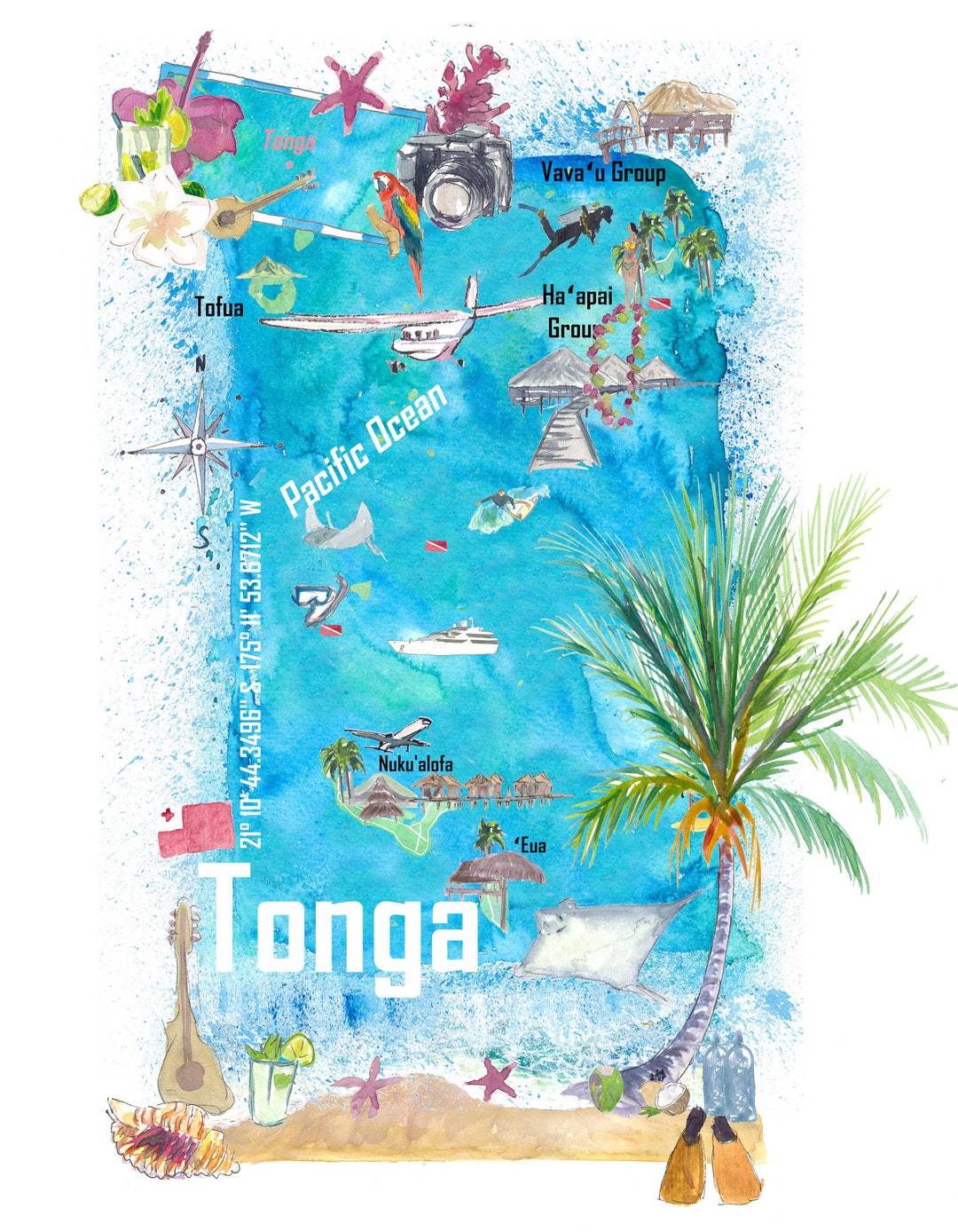 Tonga Polynesia Illustrated Travel Map With Tourist Highlights - Etsy