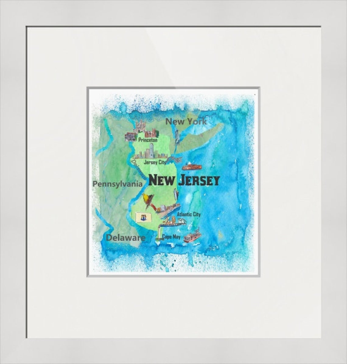 USA New Jersey State Travel Poster Map With Touristic - Etsy