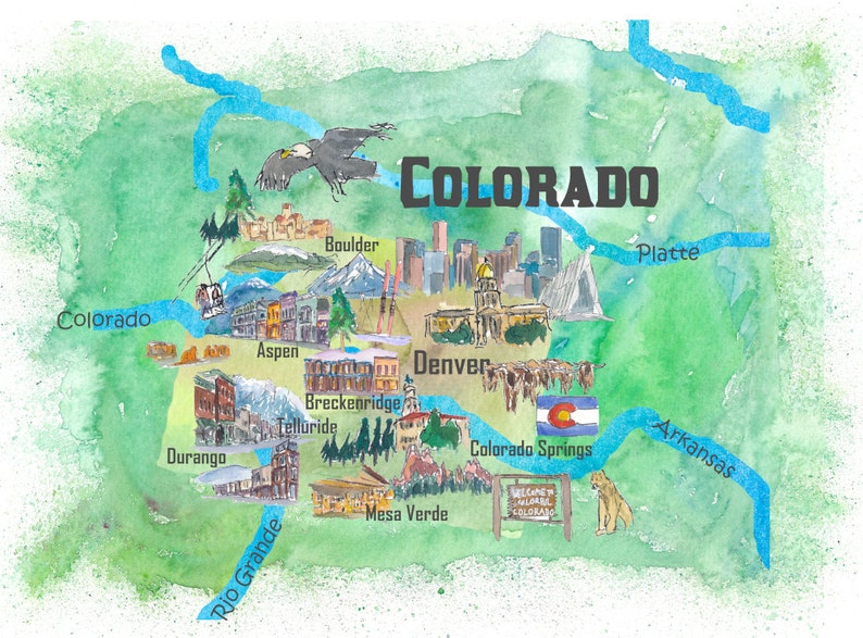 USA Colorado State Travel Poster Illustrated Art Map Fine | Etsy