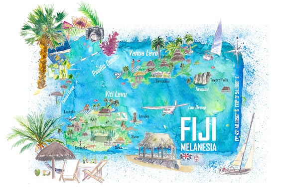 Fiji Illustrated Island Travel Map With Roads and Highlights - Etsy ...