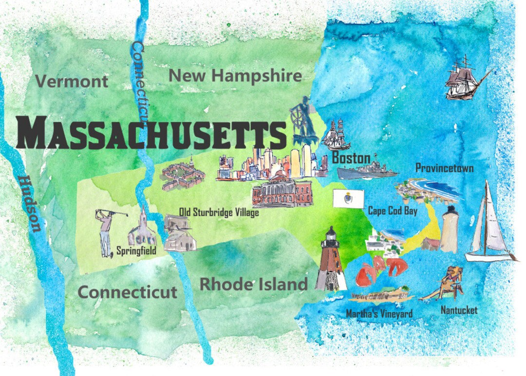 Mapa De Póster De Viaje Ilustrado Del Estado De Massachusetts De Ee Uu