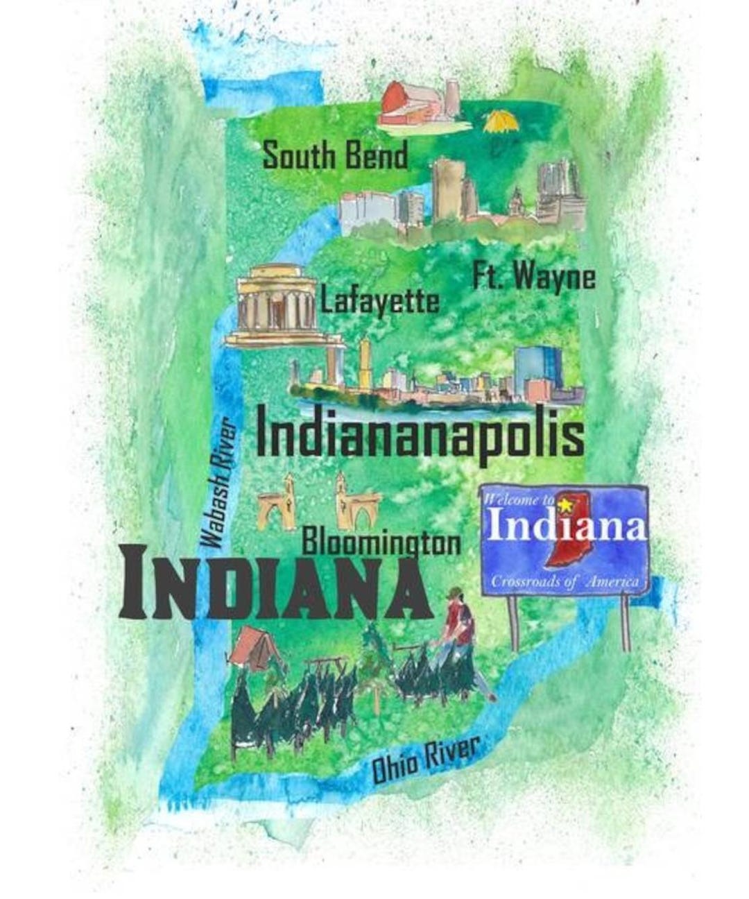 Indiana State Map Wall Art – Illustrated USA Map Print Indiana Decor - Etsy