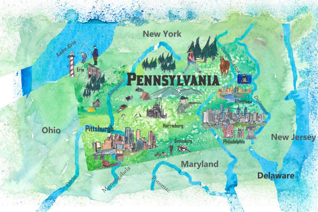 USA Pennsylvania Illustrated State Travel Poster Map With Touristic ...