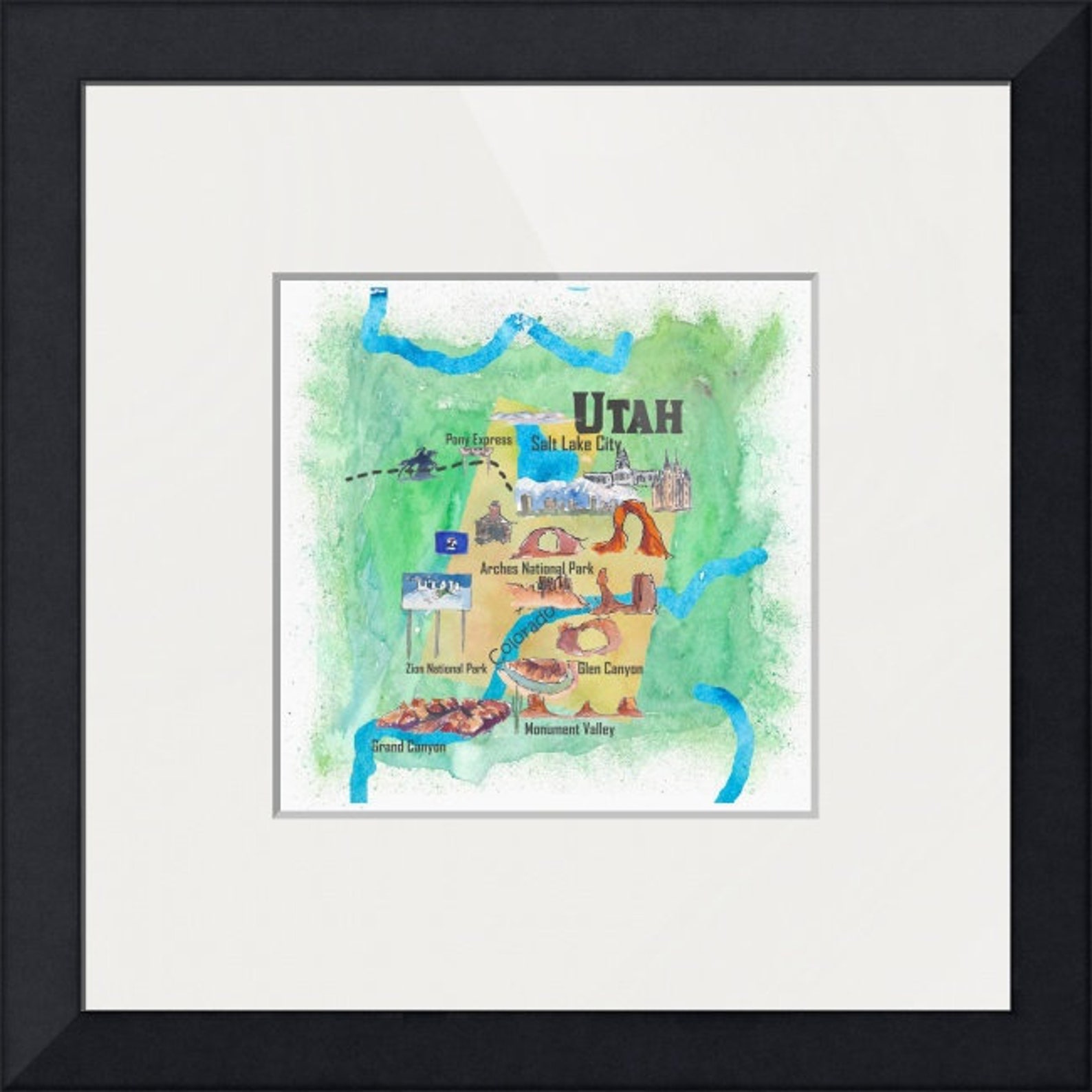 USA Utah State Travel Poster Illustrated Art Map Fine Art | Etsy