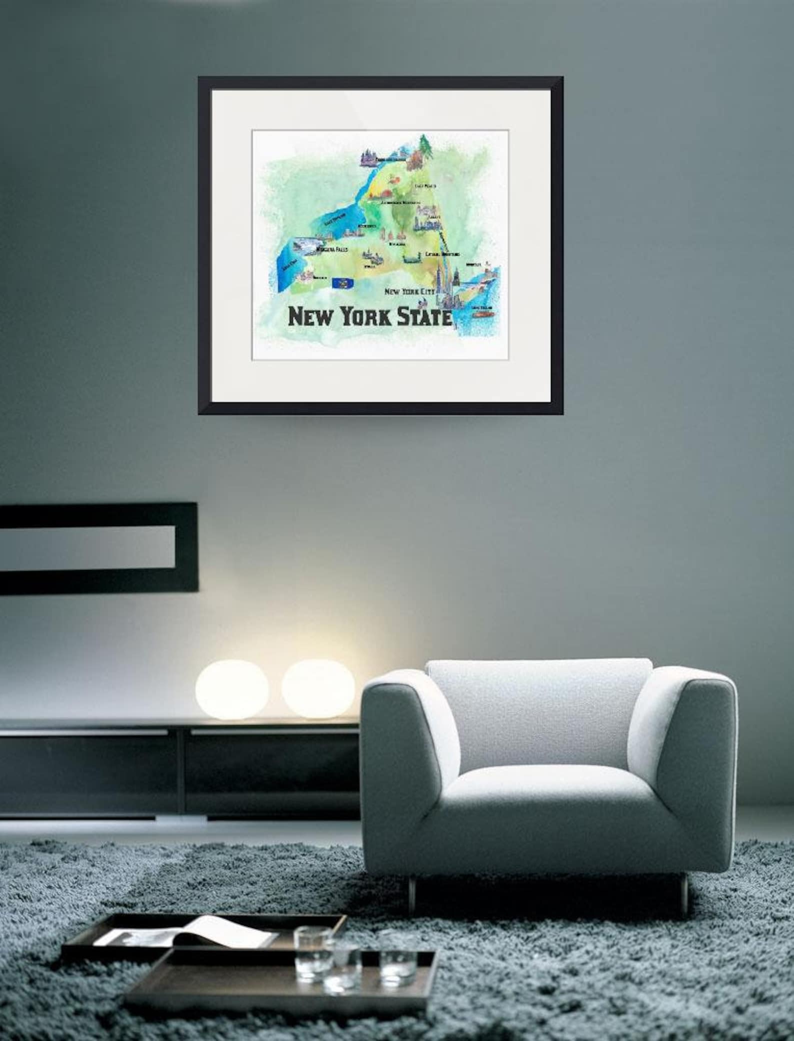 USA New York State Travel Poster Map With Tourist Highlights | Etsy