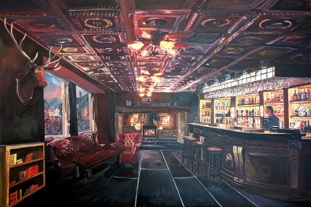 Romantic Night at Rustic Fireside Bar Scene With Village Street View ...