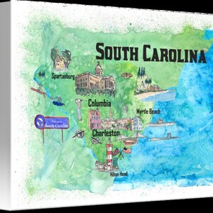 USA South Carolina State Travel Poster Map With Tourist Highlights - Etsy