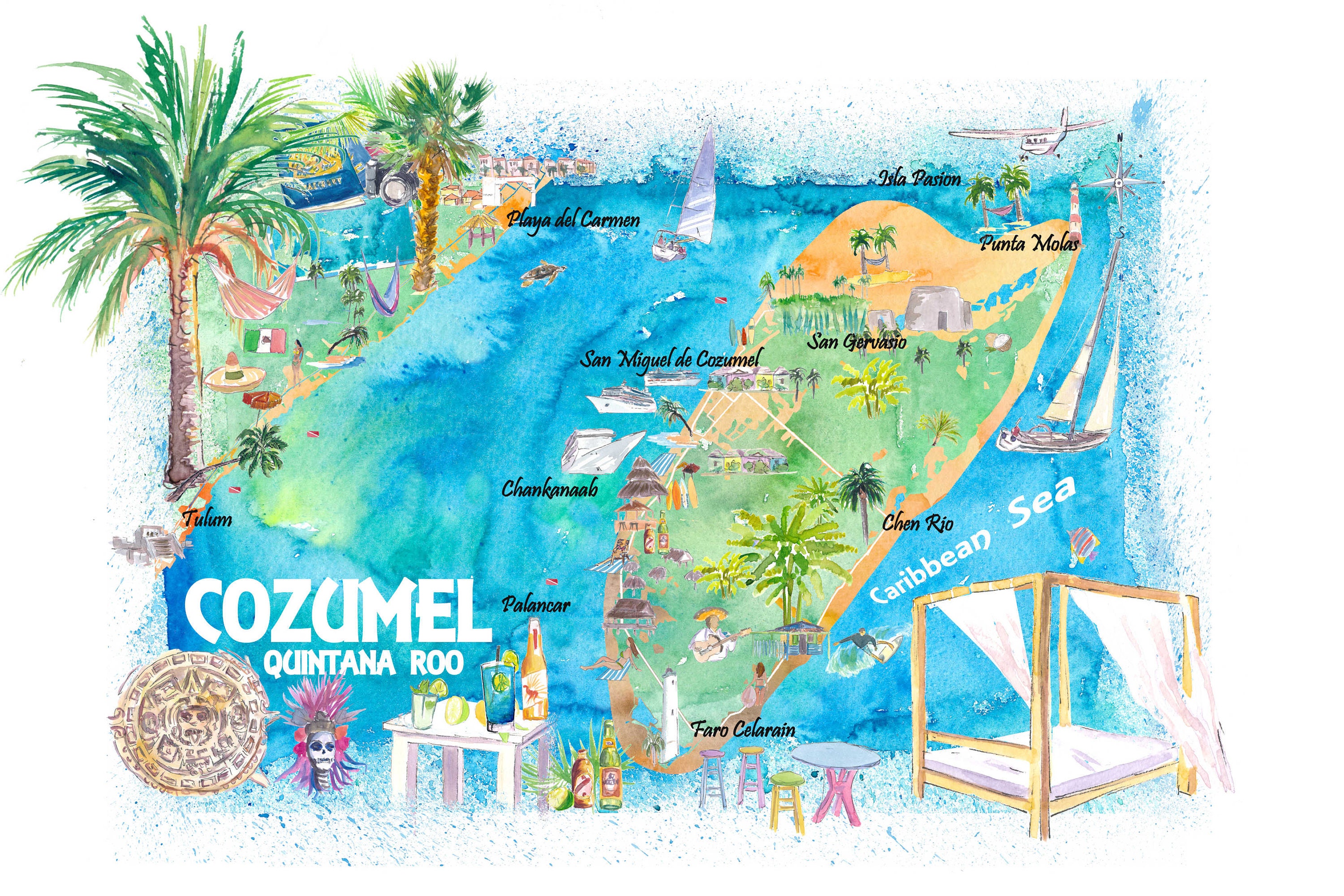 Cozumel Quintana Roo México ilustra mapa de viajes con | Etsy