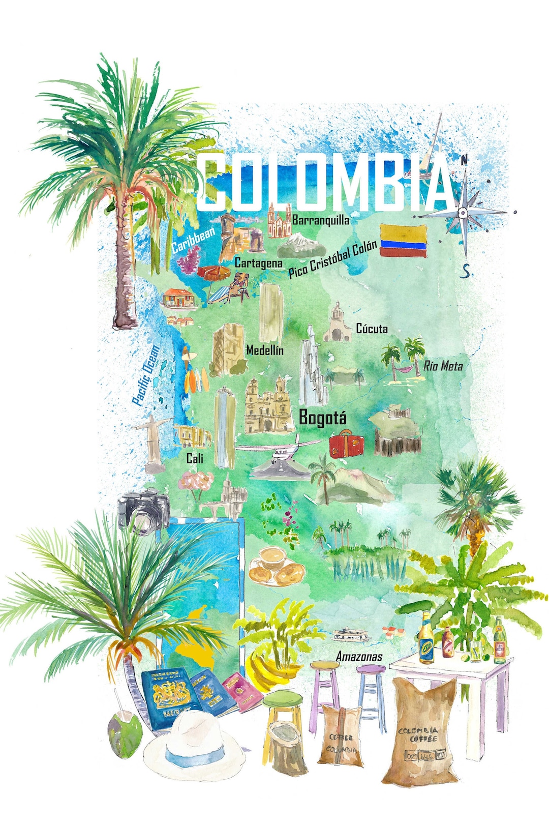 Colombia Illustrated Travel Map With Tourist Attractions and Highlights ...