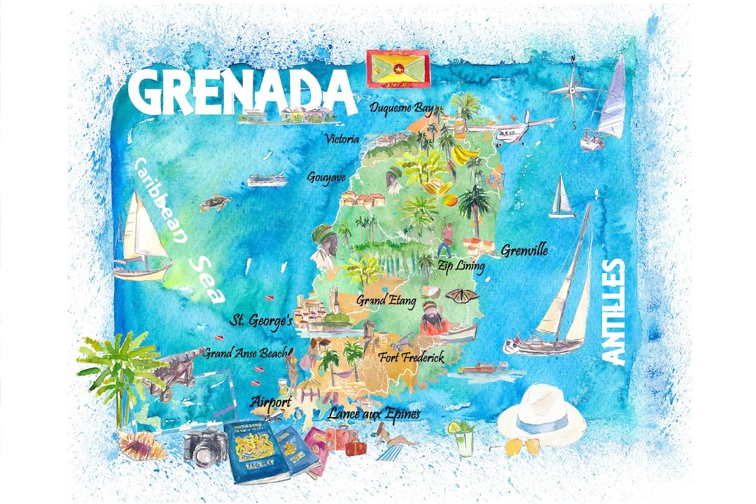 Grenada Antilles Illustrated Caribbean Travel Map With Highlights of ...