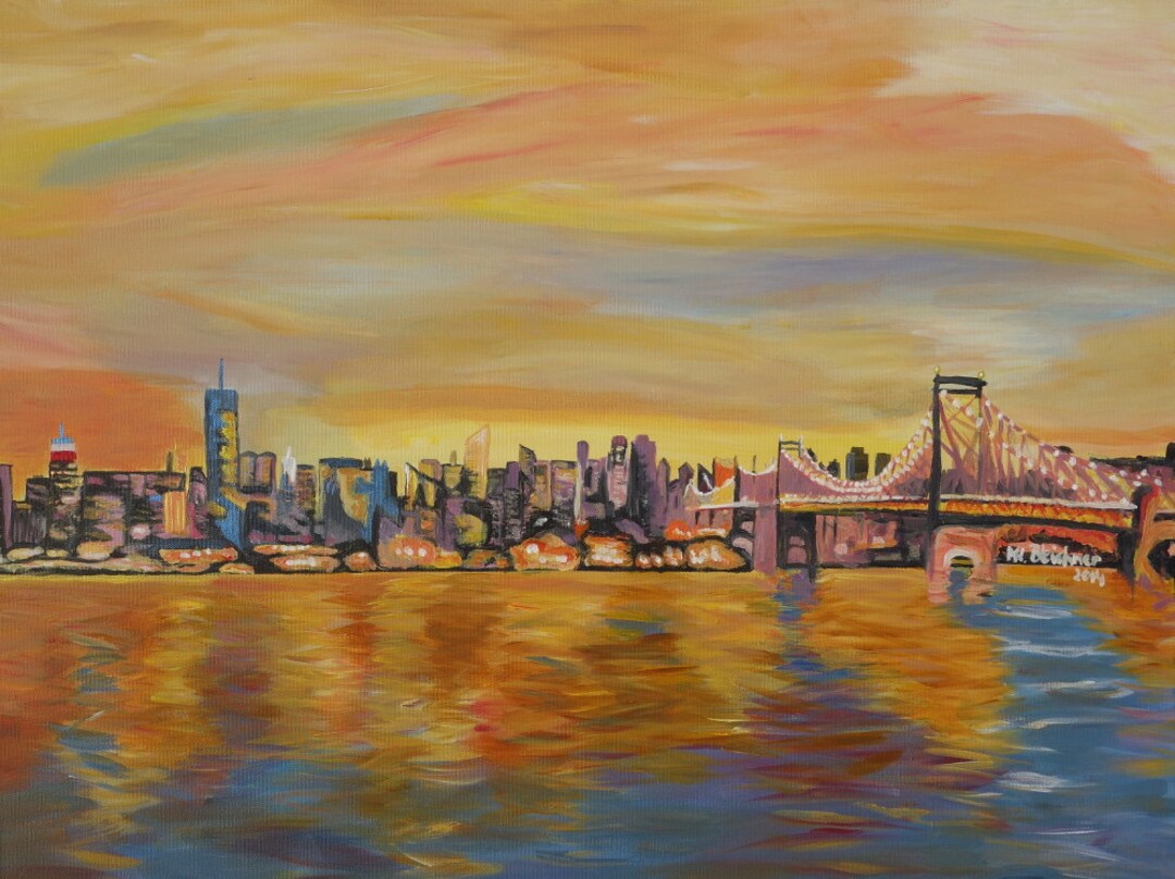 Golden Manhattan Skyline With One World Trade Center and Manhattan ...