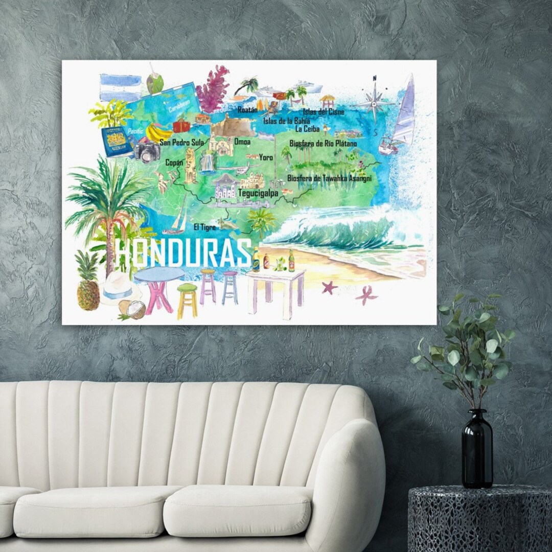 Honduras Illustrated Travel Map With Roads and Tourist Highlights - Etsy