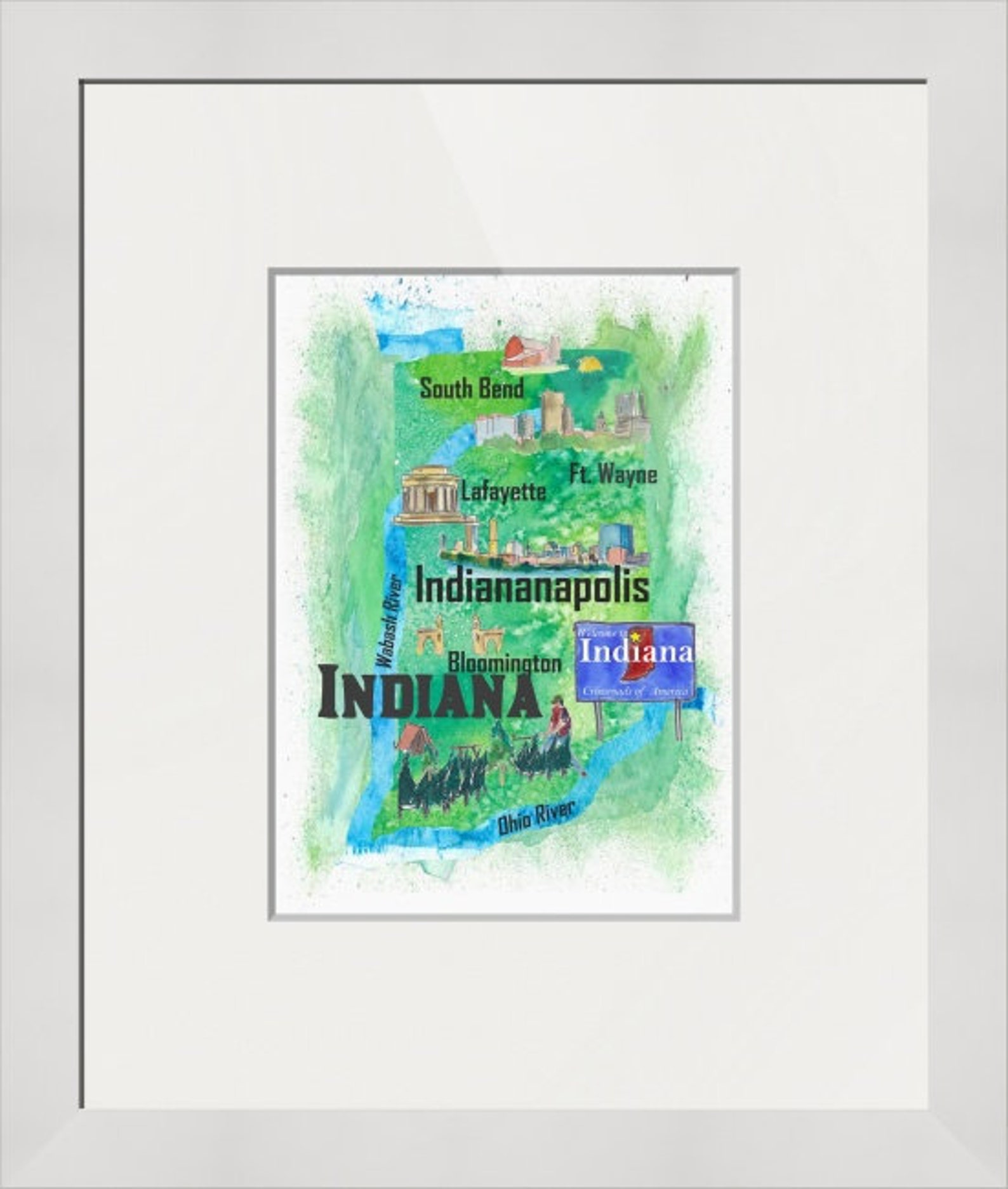 USA Indiana State Illustrated Travel Poster Map with Touristic | Etsy
