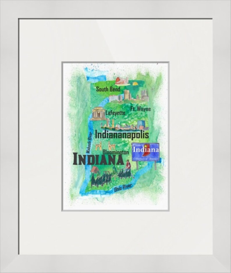 USA Indiana State Illustrated Travel Poster Map with Touristic | Etsy