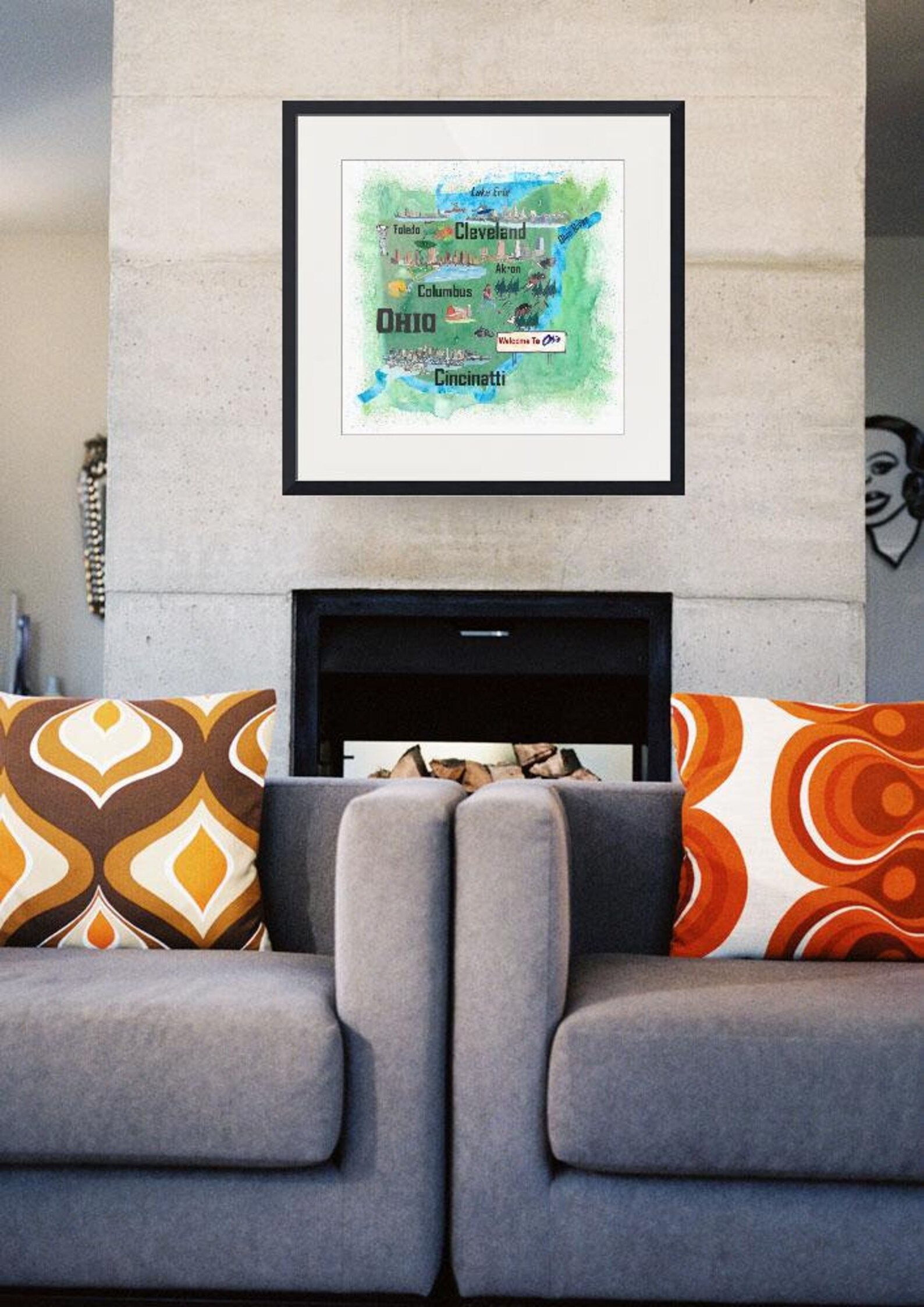 USA Ohio State Illustrated Travel Poster Map With Touristic Highlights ...