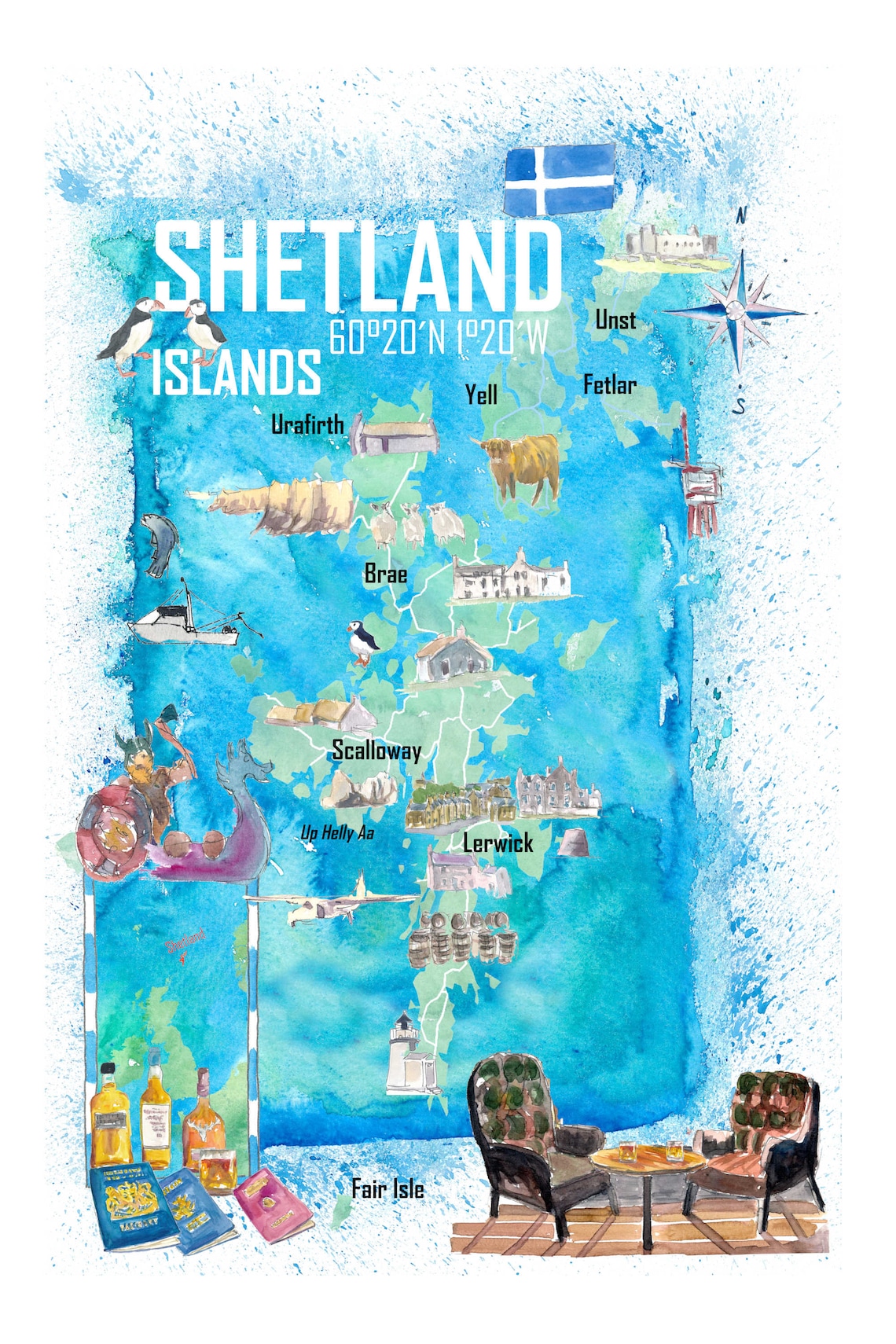 Shetland Islands Illustrated Travel Map With Touristic | Etsy