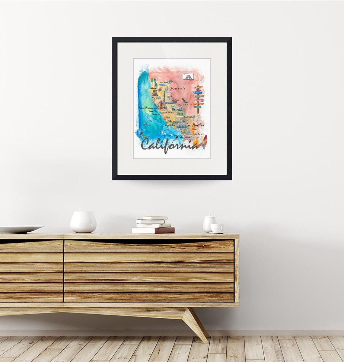 California Illustrated Map With Tourist Highlights and Roads | Etsy