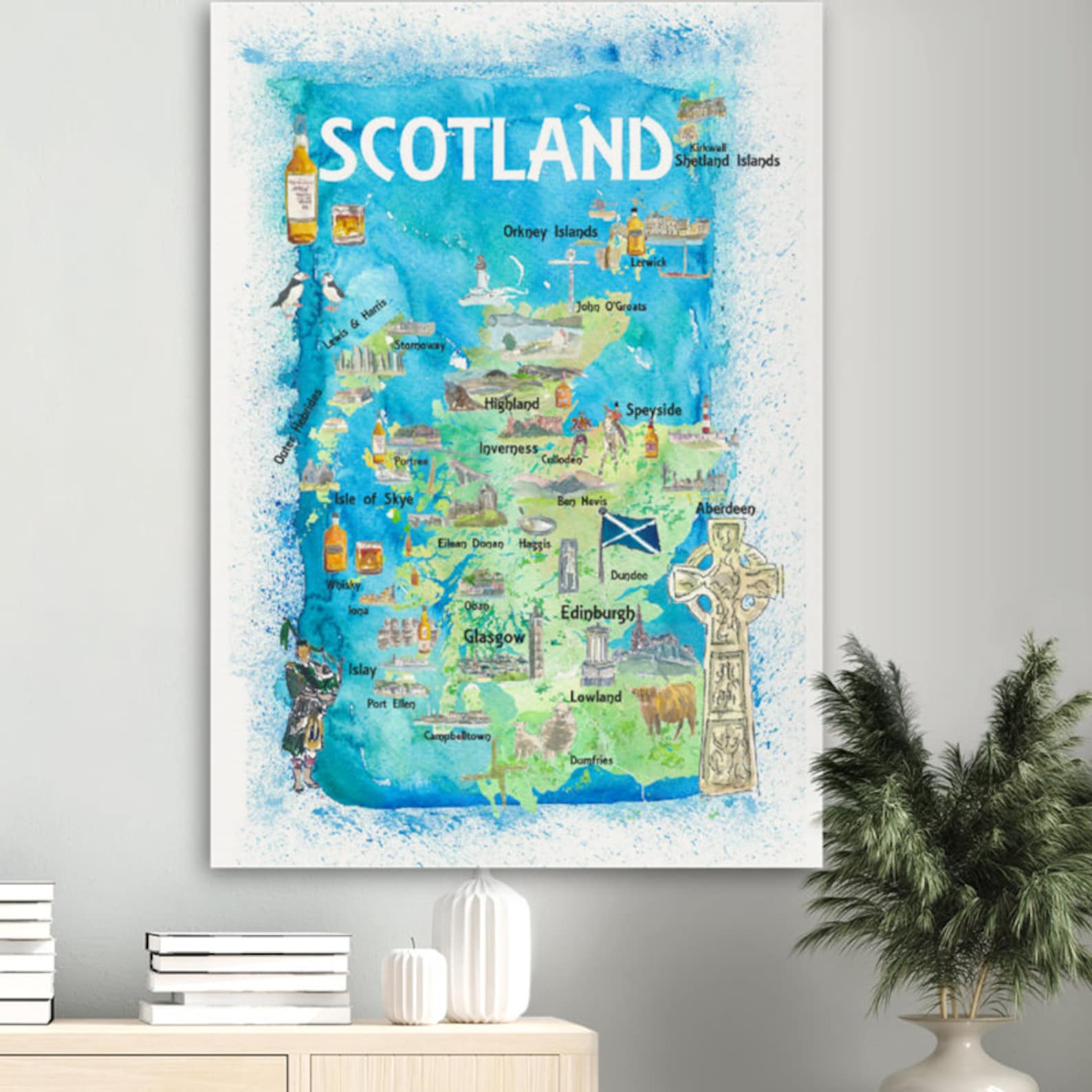 Scotland Illustrated Map With Main Roads Landmarks and - Etsy