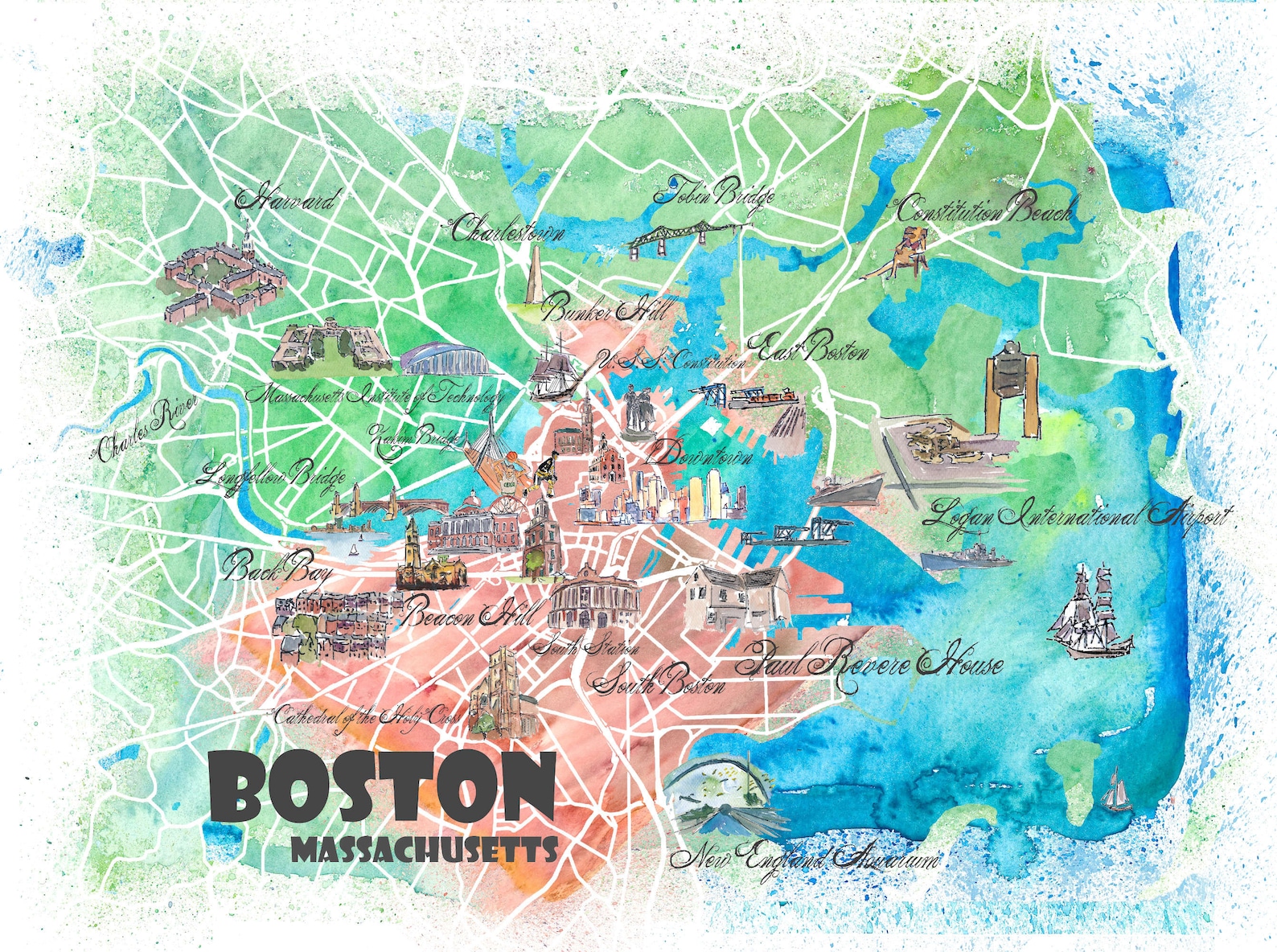 Boston Massachusetts USA Illustrated Map With Main Roads - Etsy