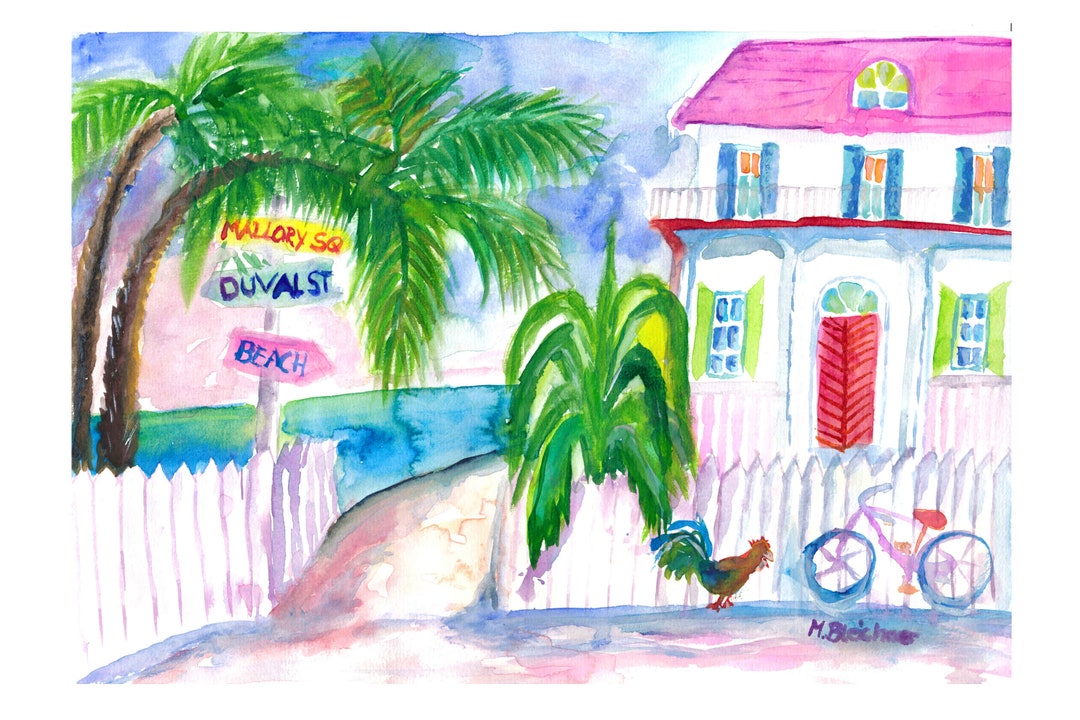 Key West Pink House and Signpost With Bike - Limited Edition Fine Art ...