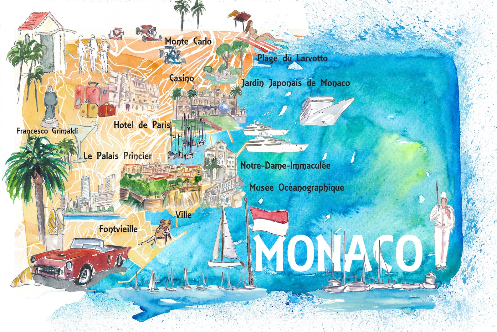 Monaco Monte Carlo Illustrated Map With Landmarks and Highlights - Fine ...