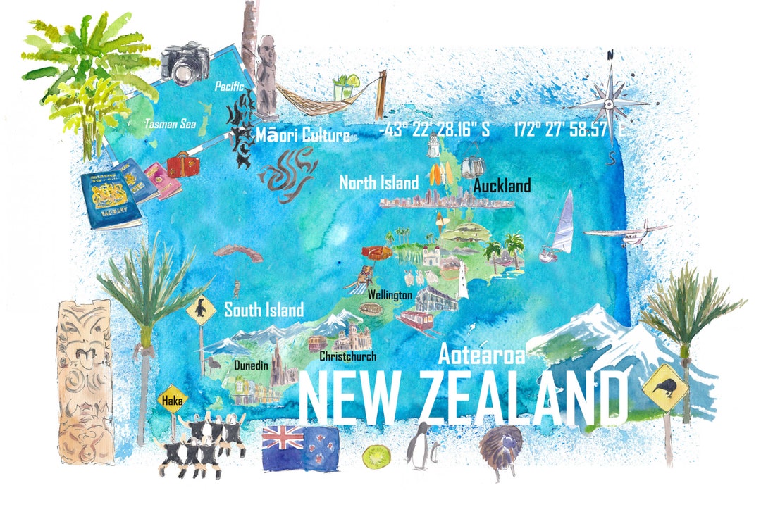 New Zealand Illustrated Travel Map With Tourist Highlights - Fine Art ...
