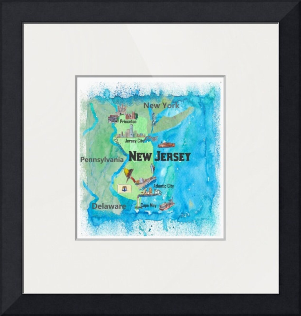USA New Jersey State Travel Poster Map With Touristic - Etsy