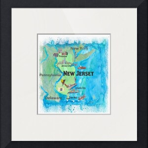 USA New Jersey State Travel Poster Map With Touristic Highlights - Fine ...
