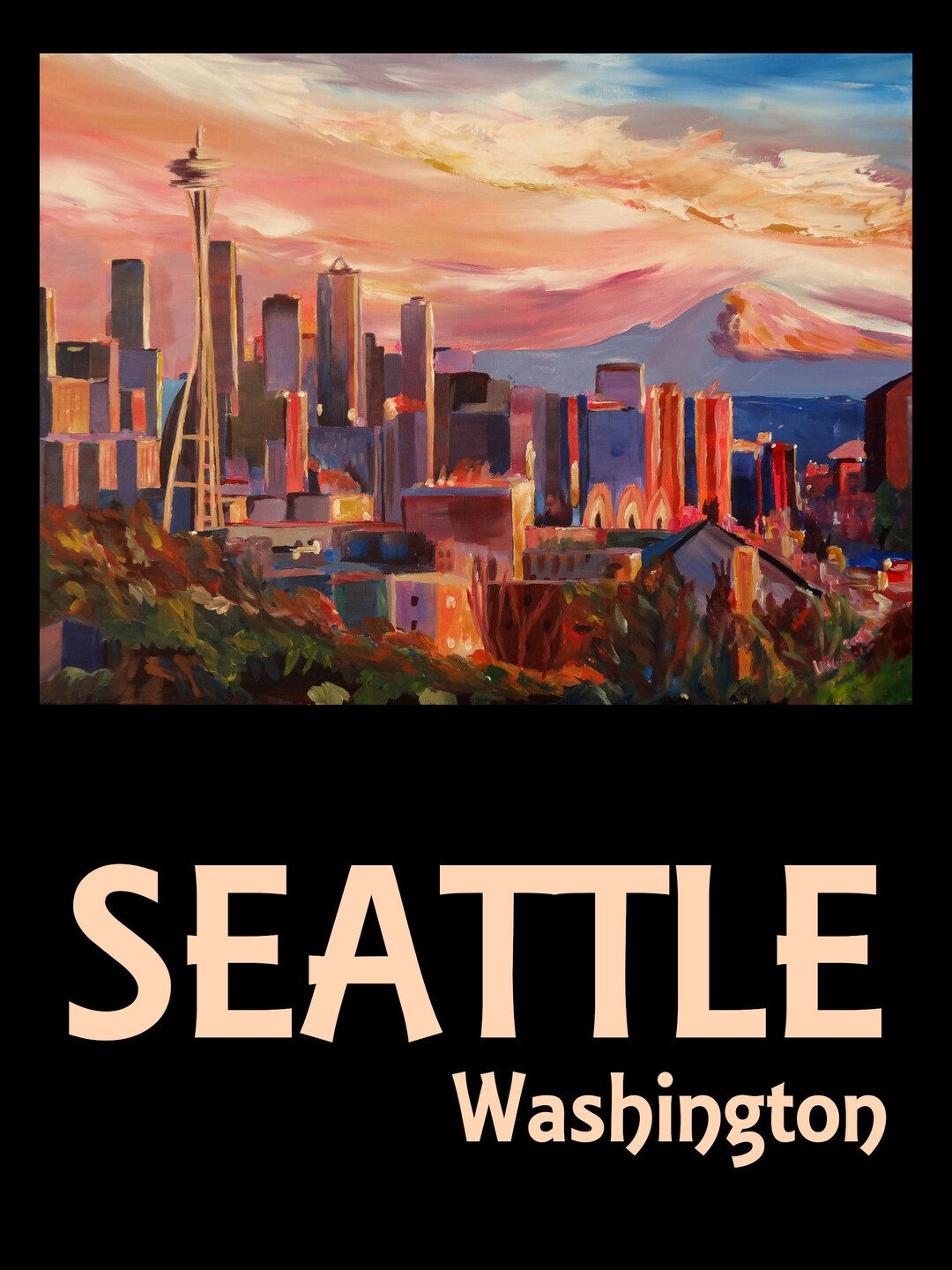 Retro Travel Poster Seattle Washington - Vintage Style Print - Etsy