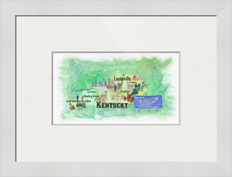 USA Kentucky State Illustrated Travel Poster Map With - Etsy