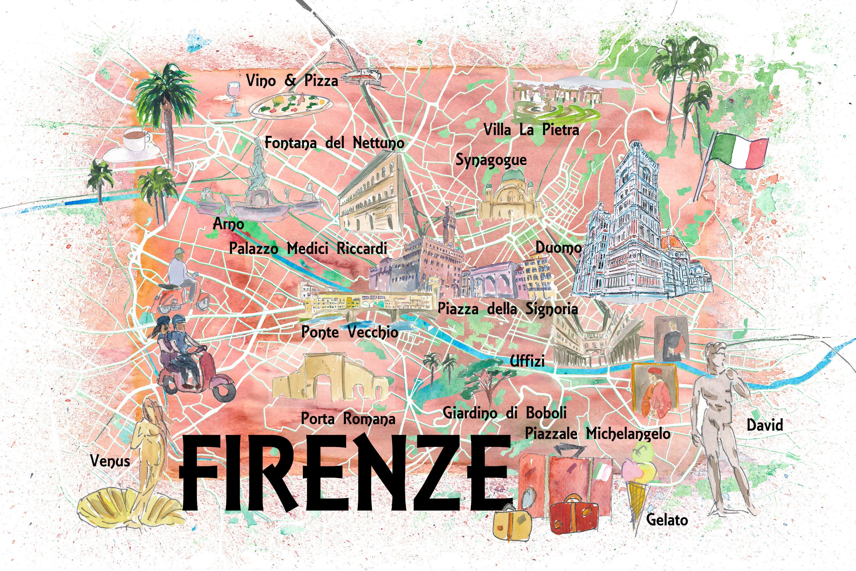 Florence Italy Illustrated Travel Map with Roads Landmarks and - Etsy 日本